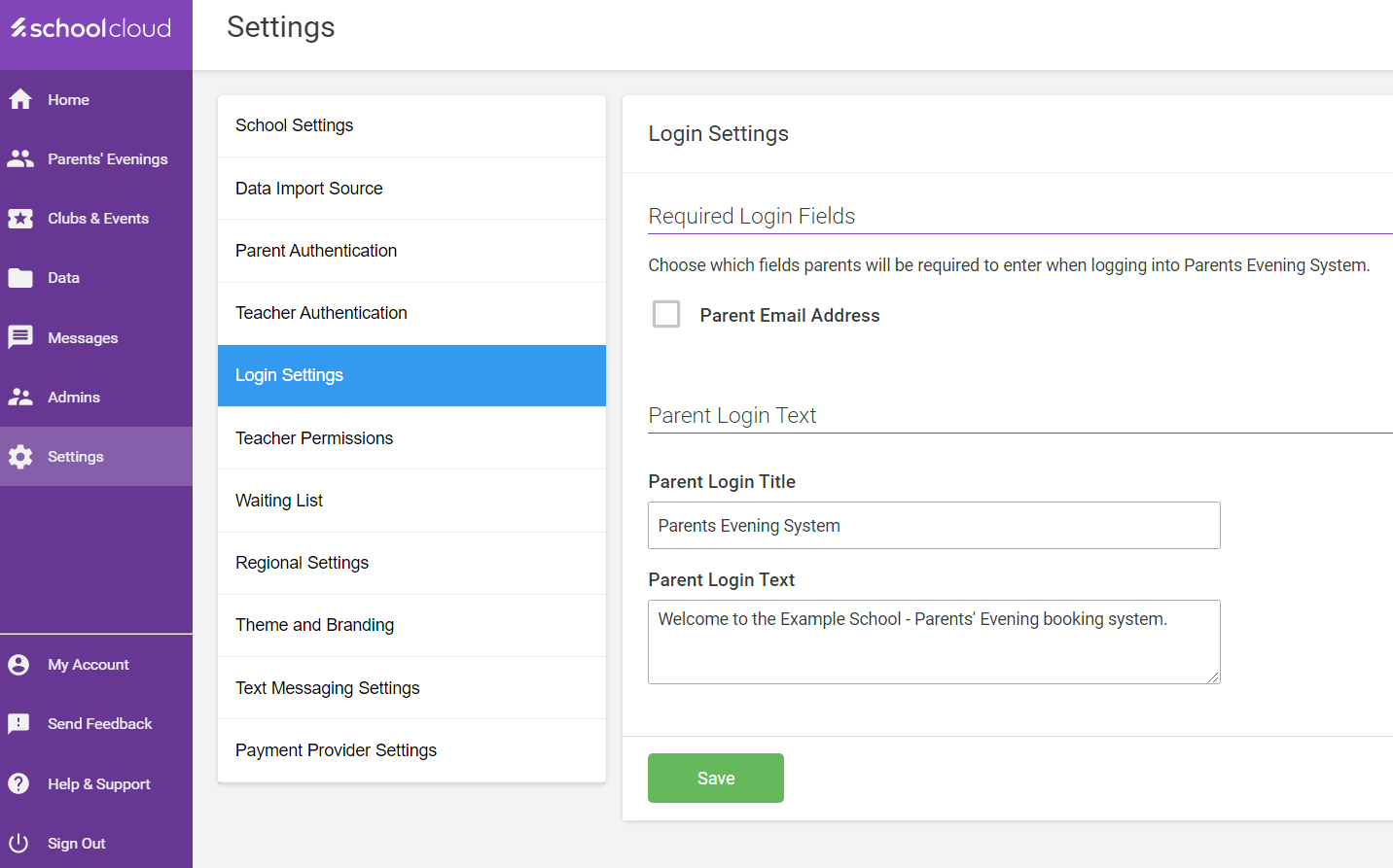Changing Parent Login settings - SchoolCloud Parents Evening