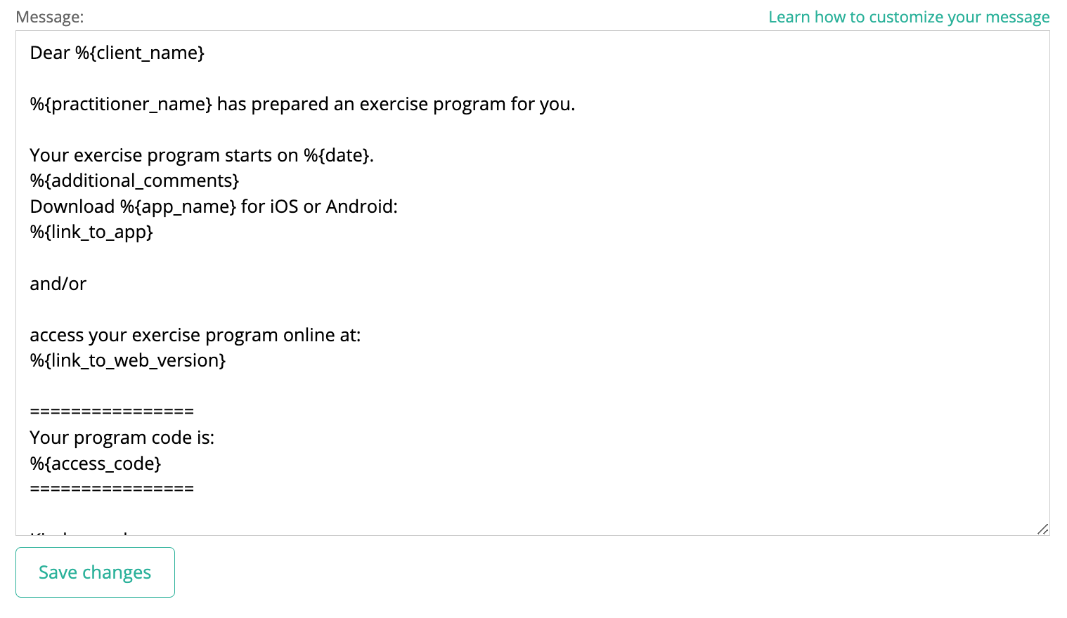 Change the text of your programme code email - Physitrack Support (EN)