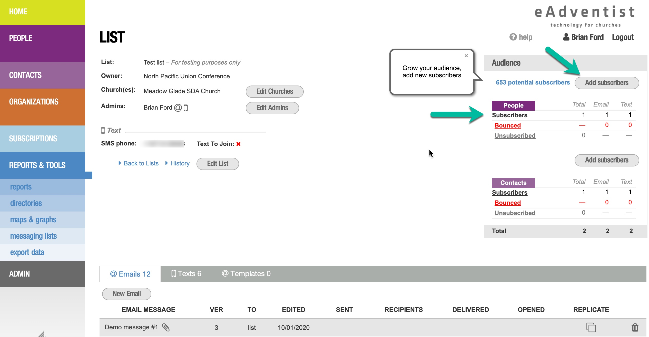 Listas de mensajería - Agregando suscriptores - eAdventist