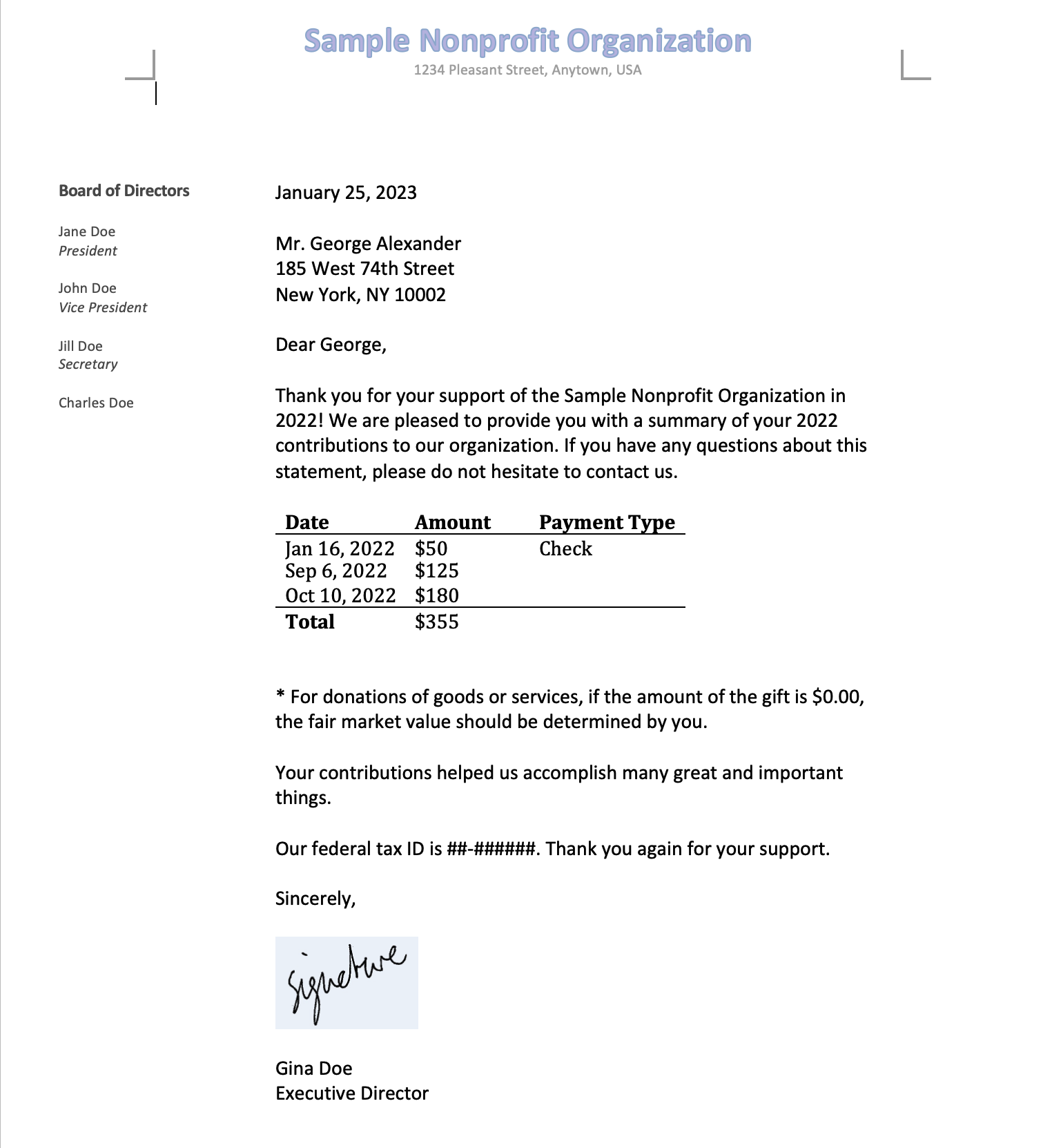 Non Profit Donation Receipt Letter