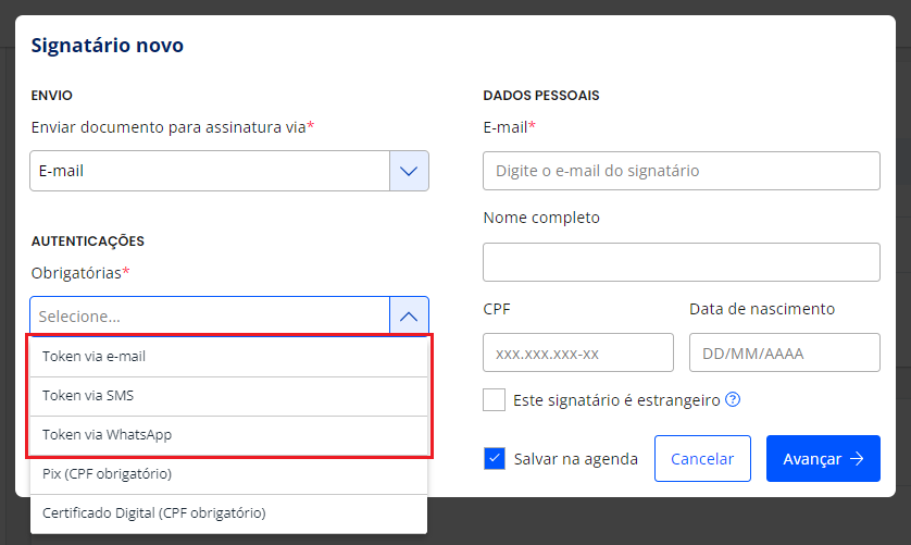 Autenticações disponíveis - Ajuda