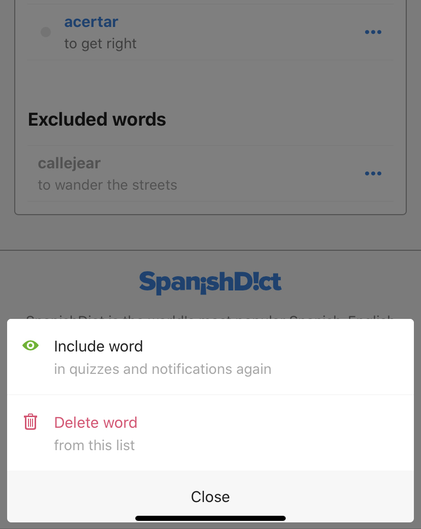 How to exclude/include a word on a vocabulary list - SpanishDict Support