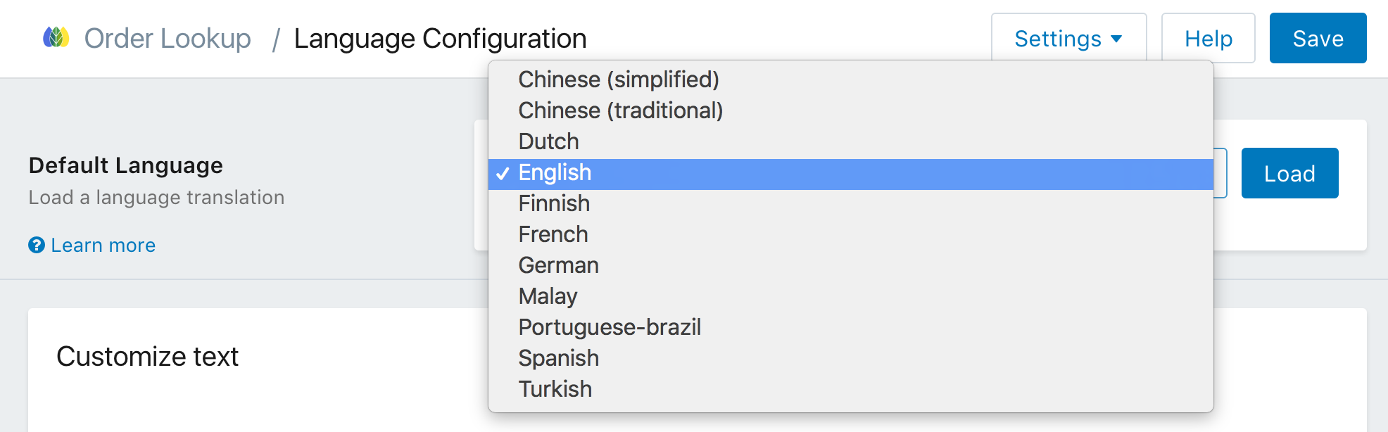 Language configuration - Order Lookup Knowledge Base