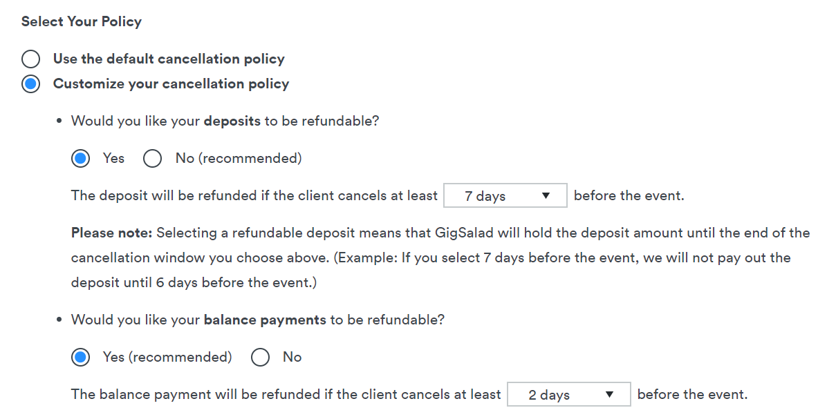Selecting a cancellation policy - GigSalad Help Center