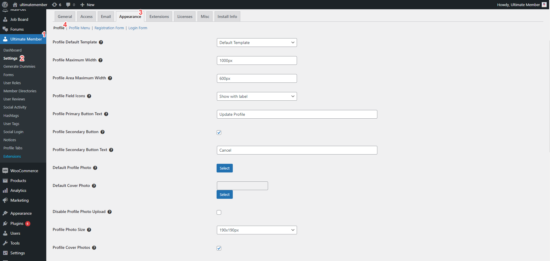 Appearance Tab Ultimate Member