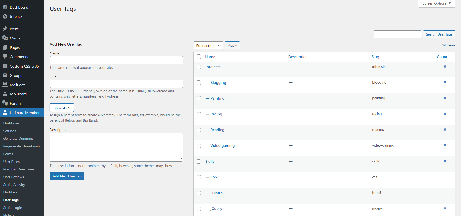 User Tags Setup - Ultimate Member