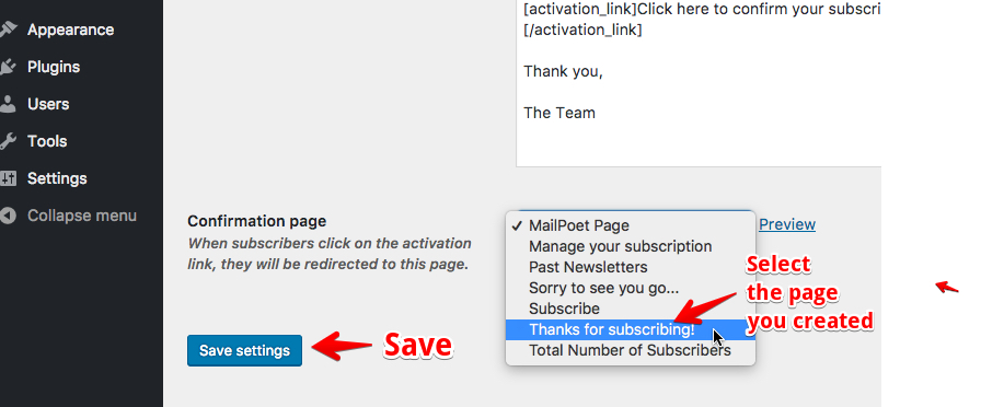 Customize Your Confirmation Page - Docs for MailPoet version 3
