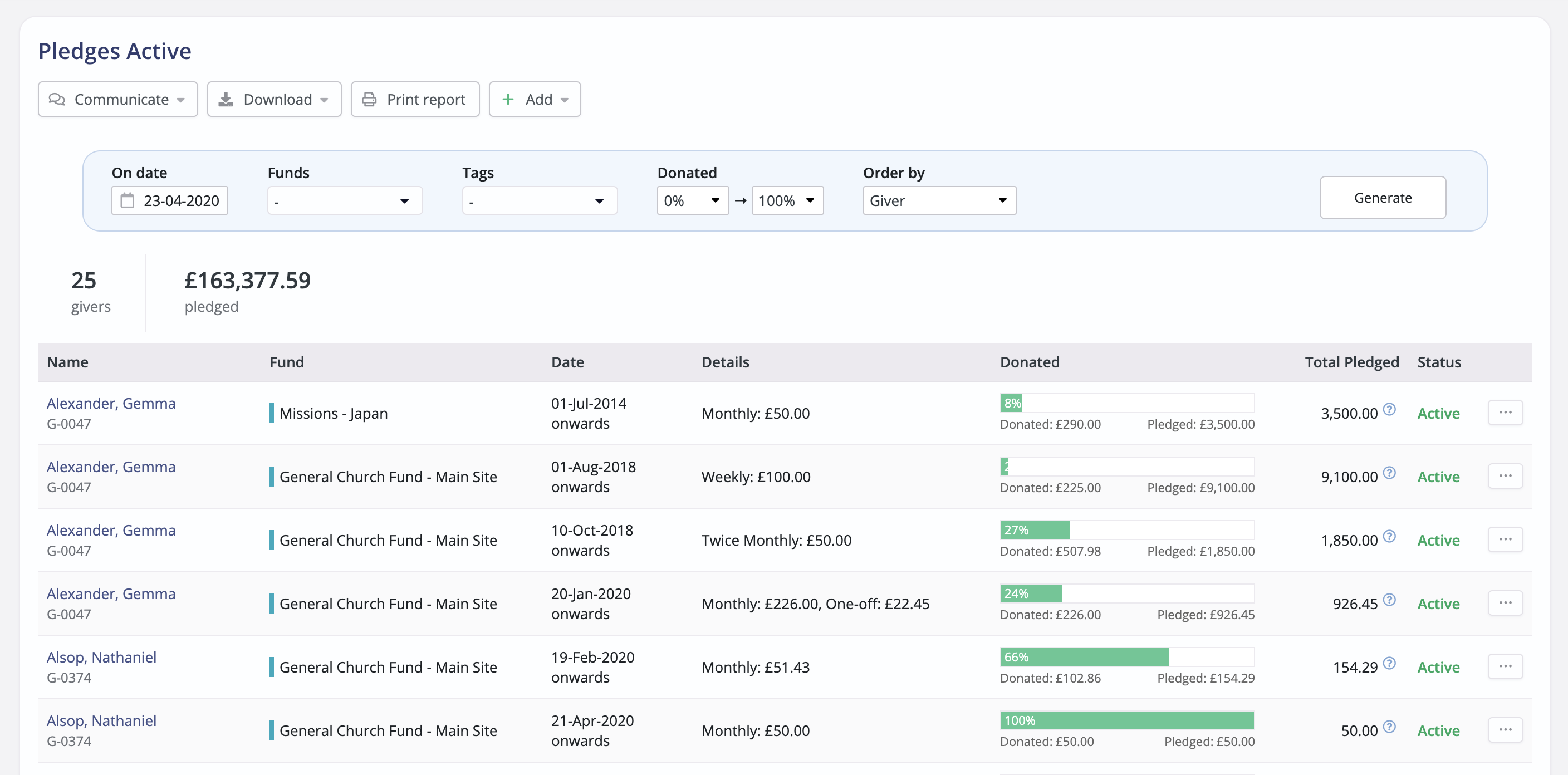 Managing pledges - ChurchSuite Support Articles