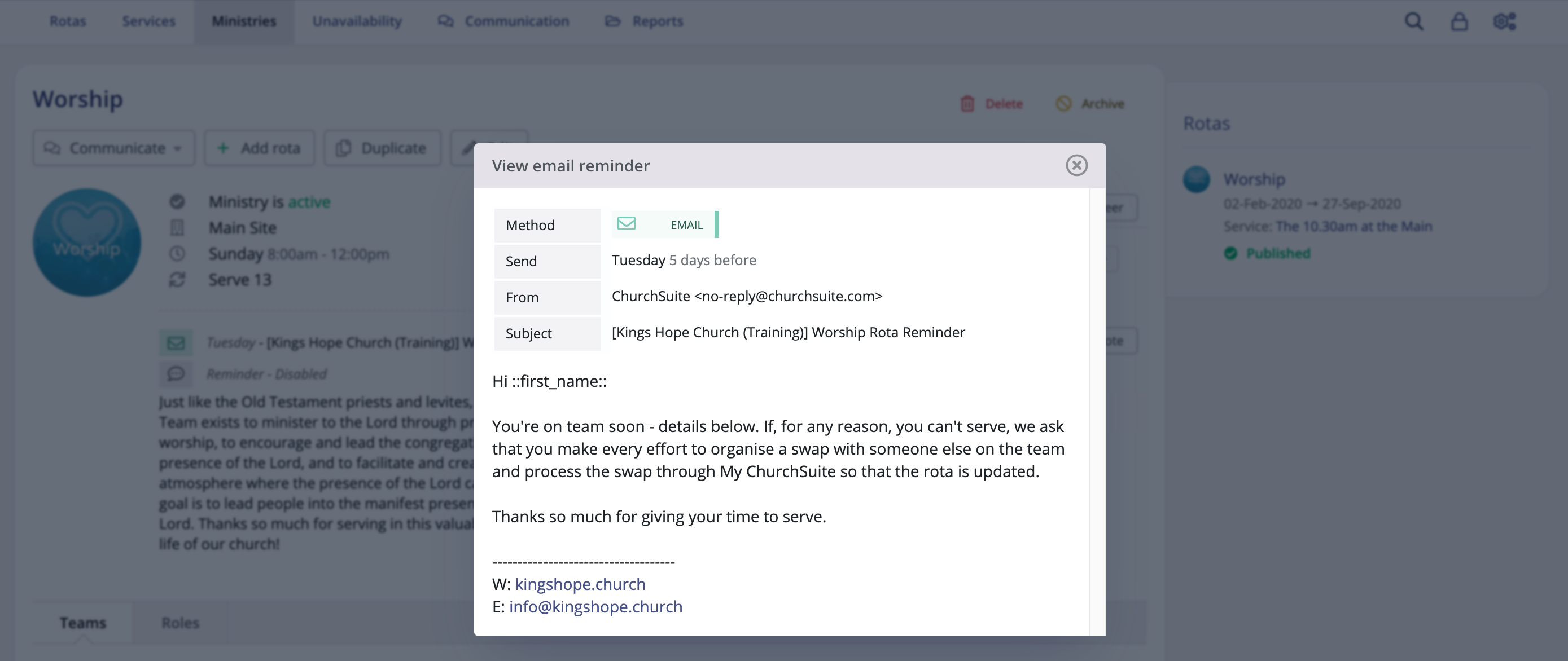 Sending rota reminders - ChurchSuite Support Articles