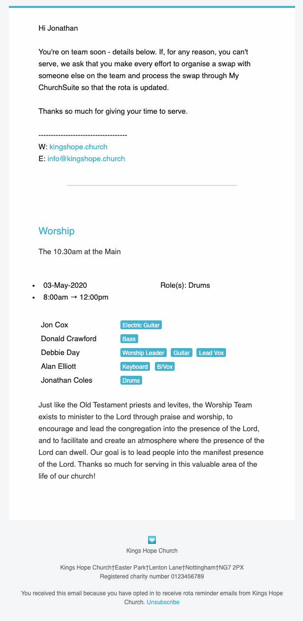 Sending rota reminders - ChurchSuite Support Articles