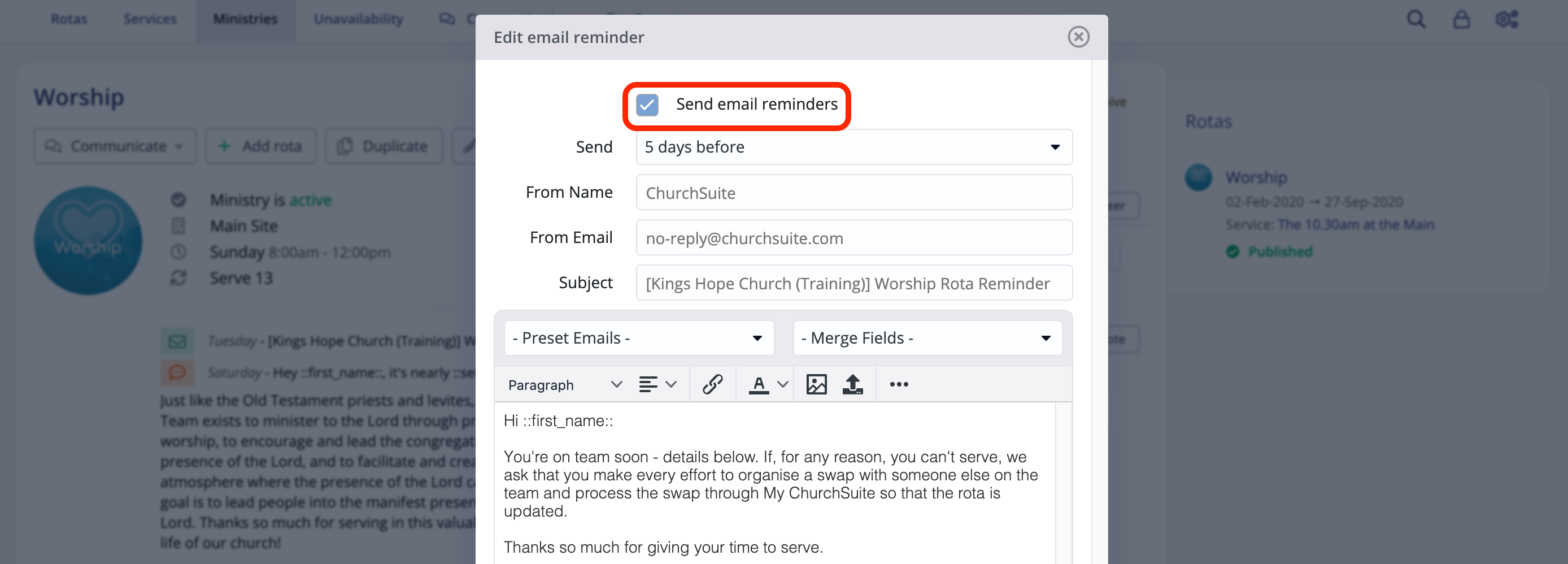 Sending rota reminders - ChurchSuite Support Articles