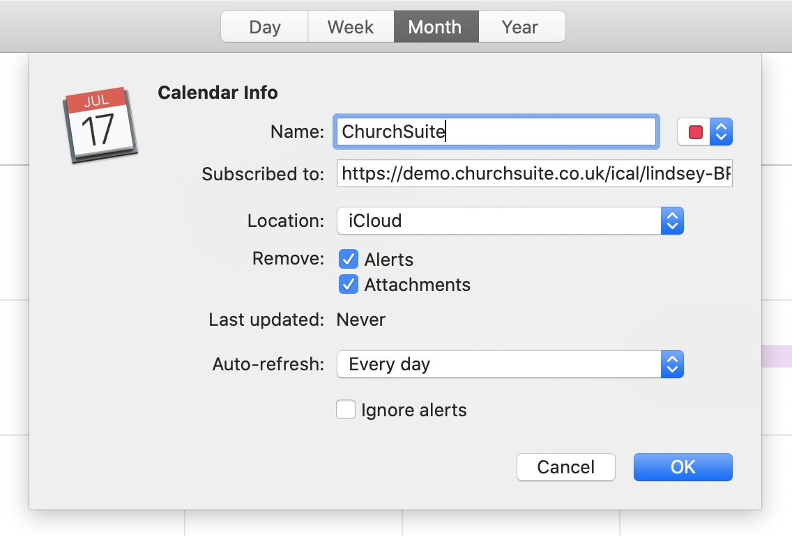 Subscribing to an iCal feed of events, bookings and leave - ChurchSuite ...