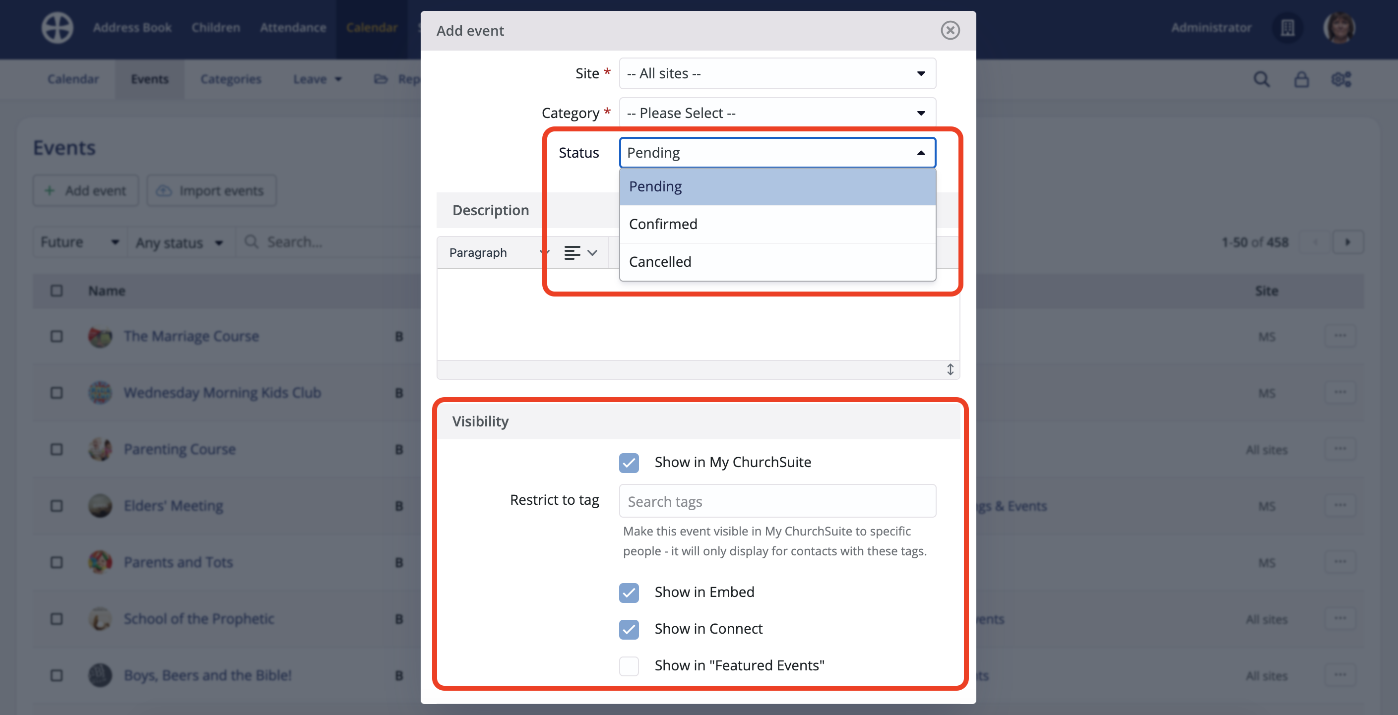 Managing event visibility and status - ChurchSuite Support Articles