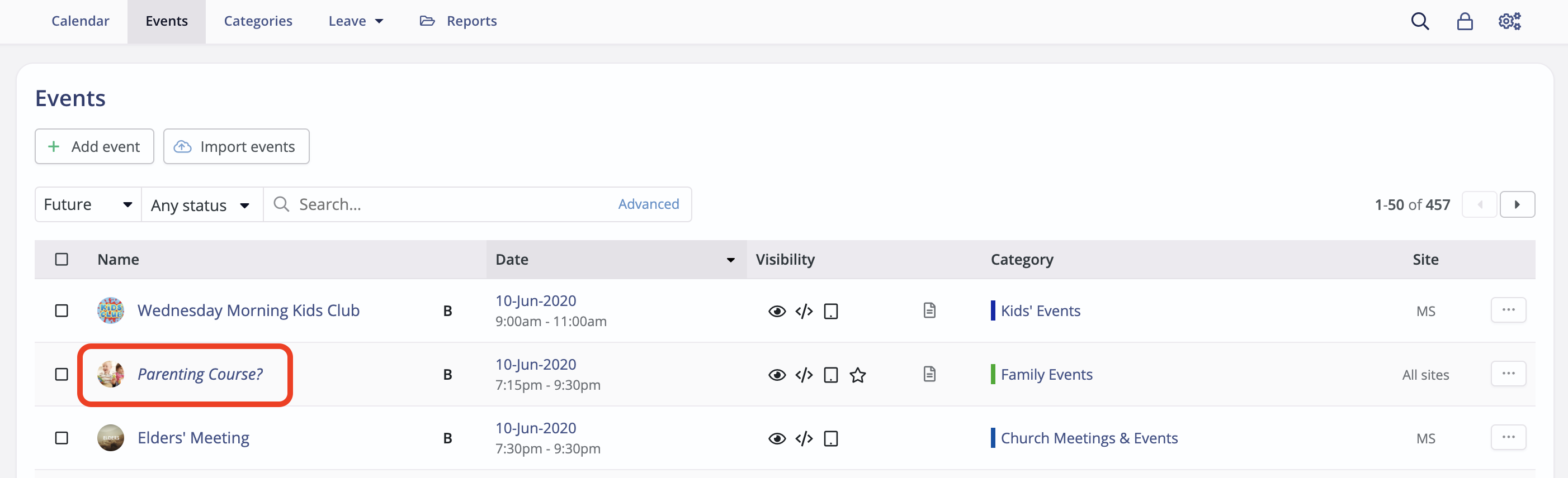 Managing event visibility and status - ChurchSuite Support Articles