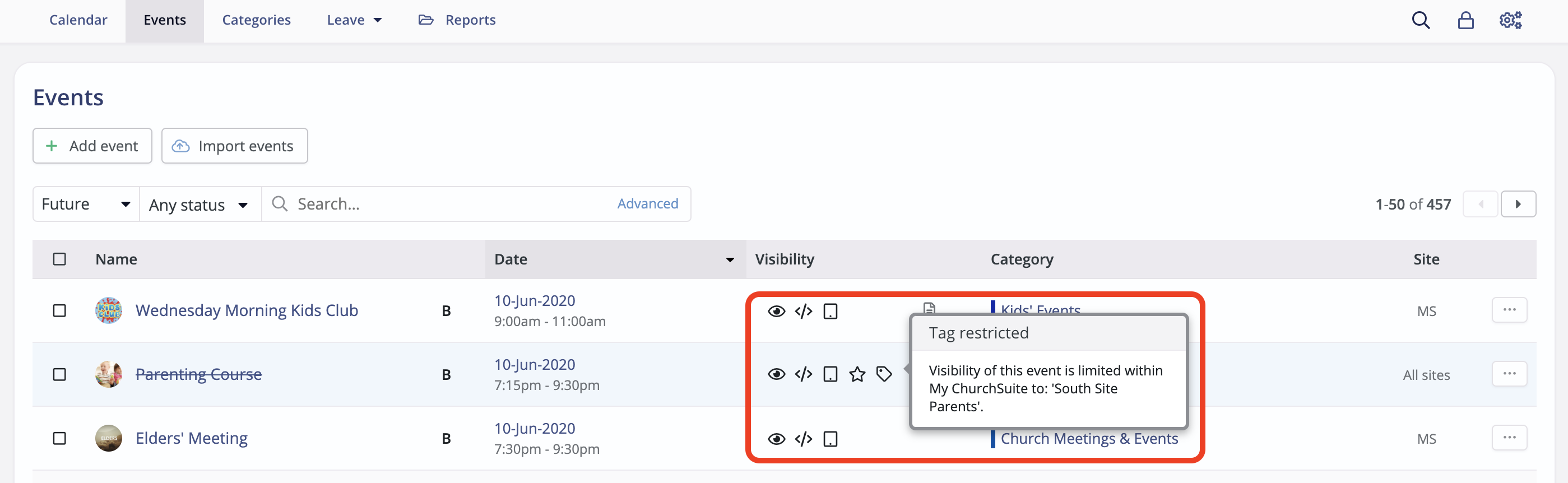 Managing event visibility and status - ChurchSuite Support Articles