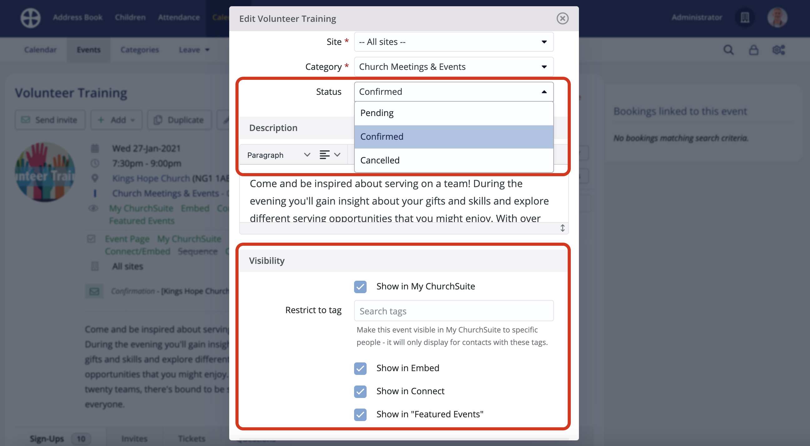 Managing event visibility and status - ChurchSuite Support Articles