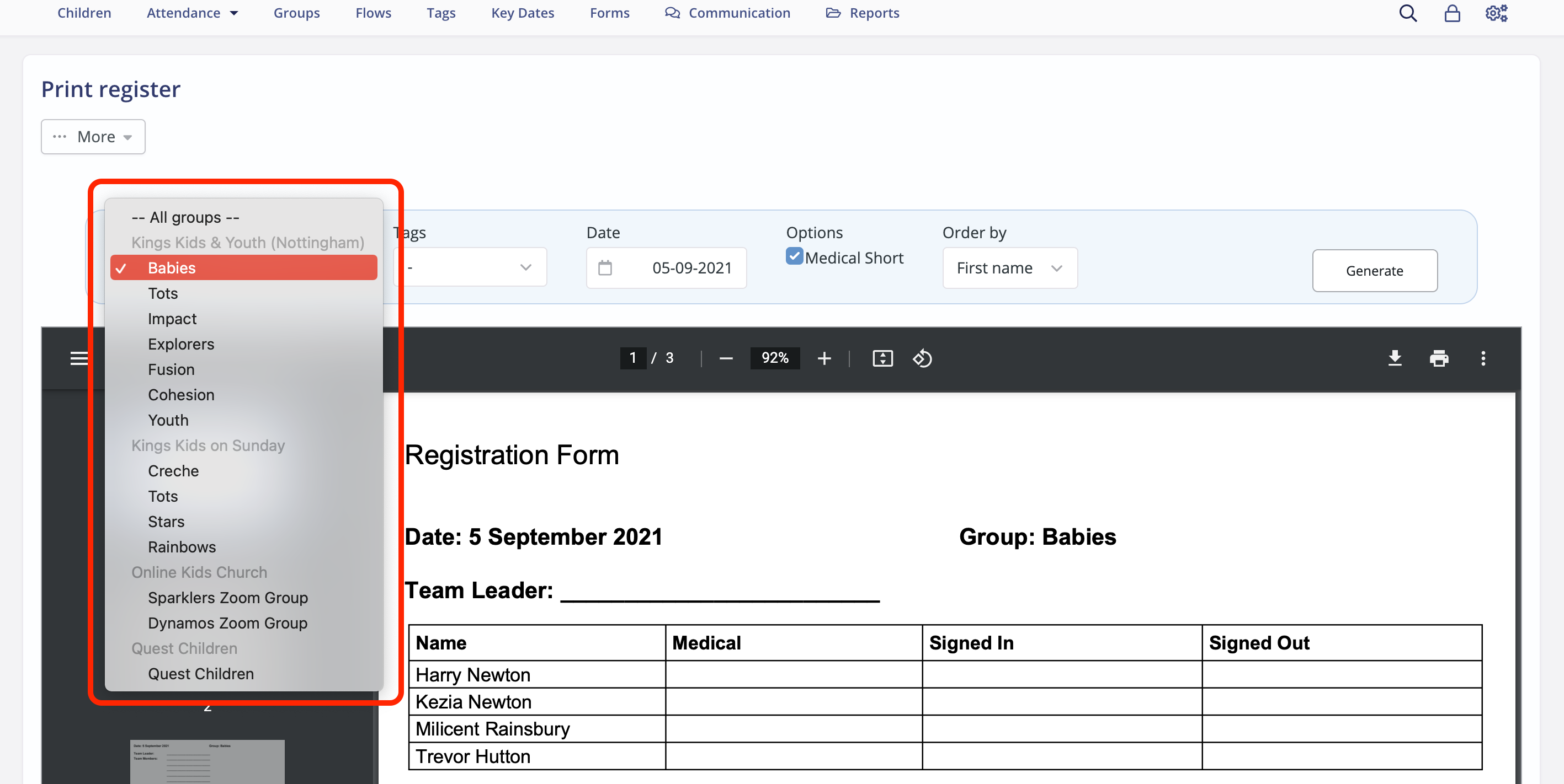 Printing registers and badges for manual child attendance recording ...