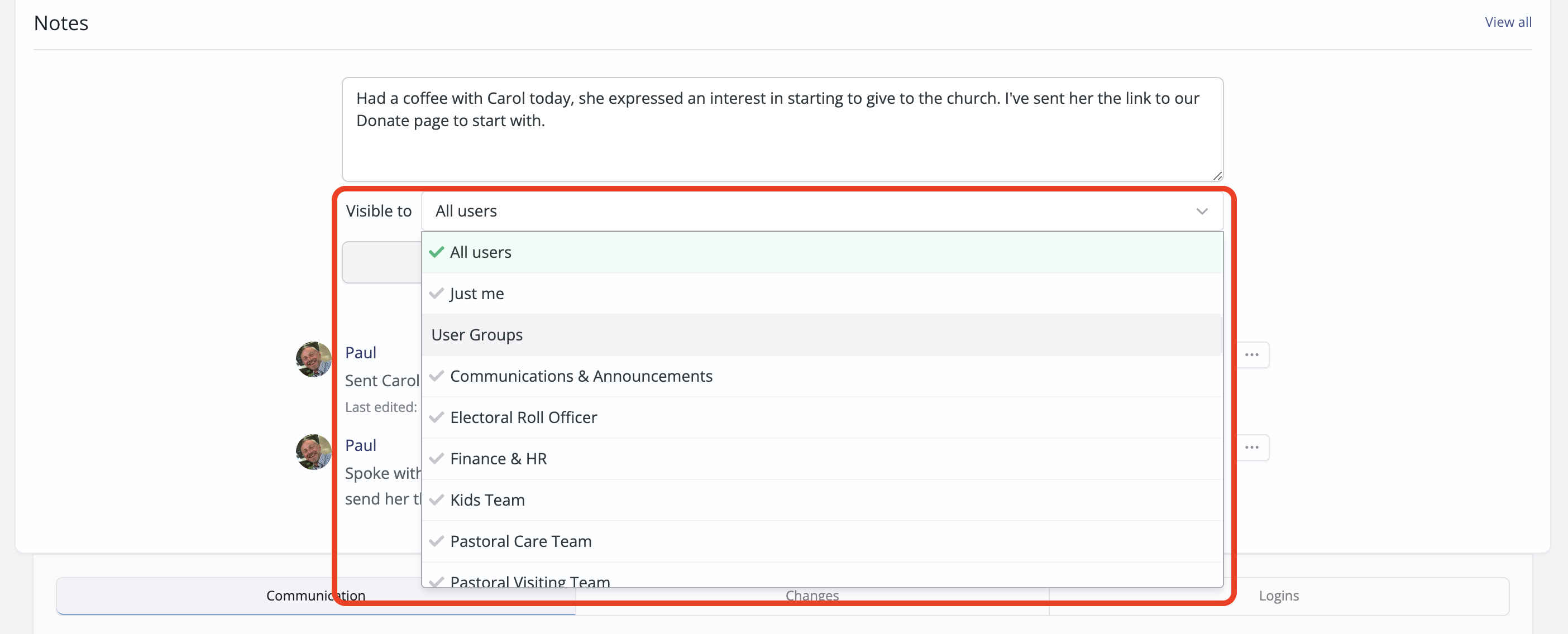 Notes and note visibility - ChurchSuite Support Articles