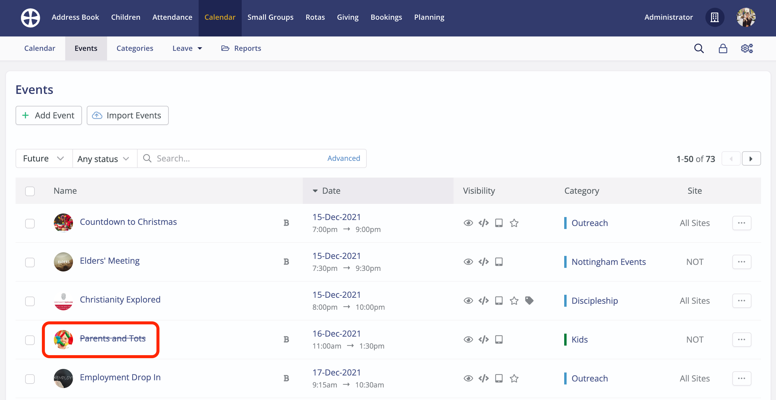 Managing event visibility and status - ChurchSuite Support Articles
