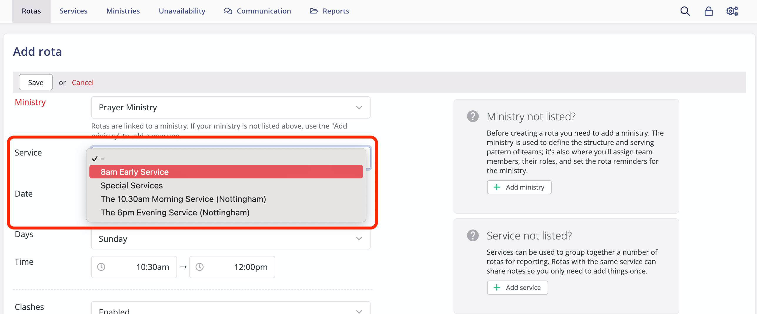 Assigning rotas to services - ChurchSuite Support Articles