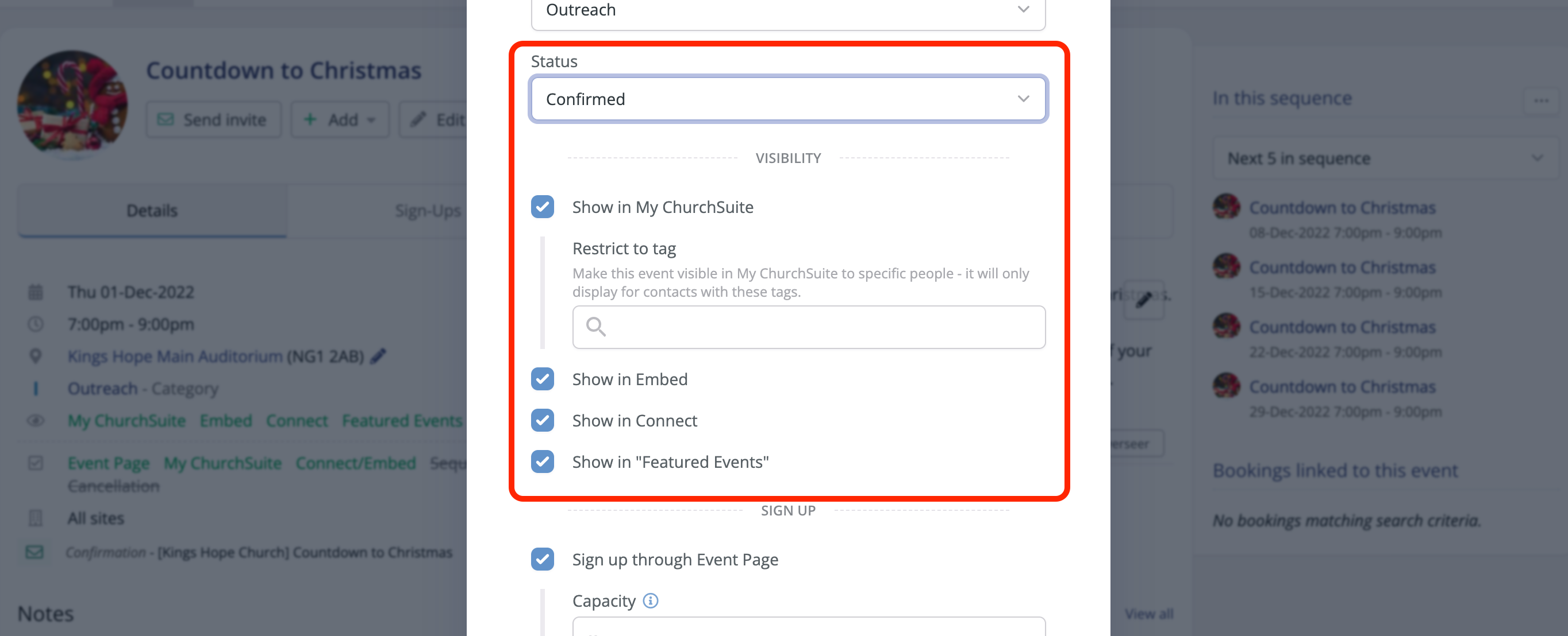 Managing event visibility and status - ChurchSuite Support Articles