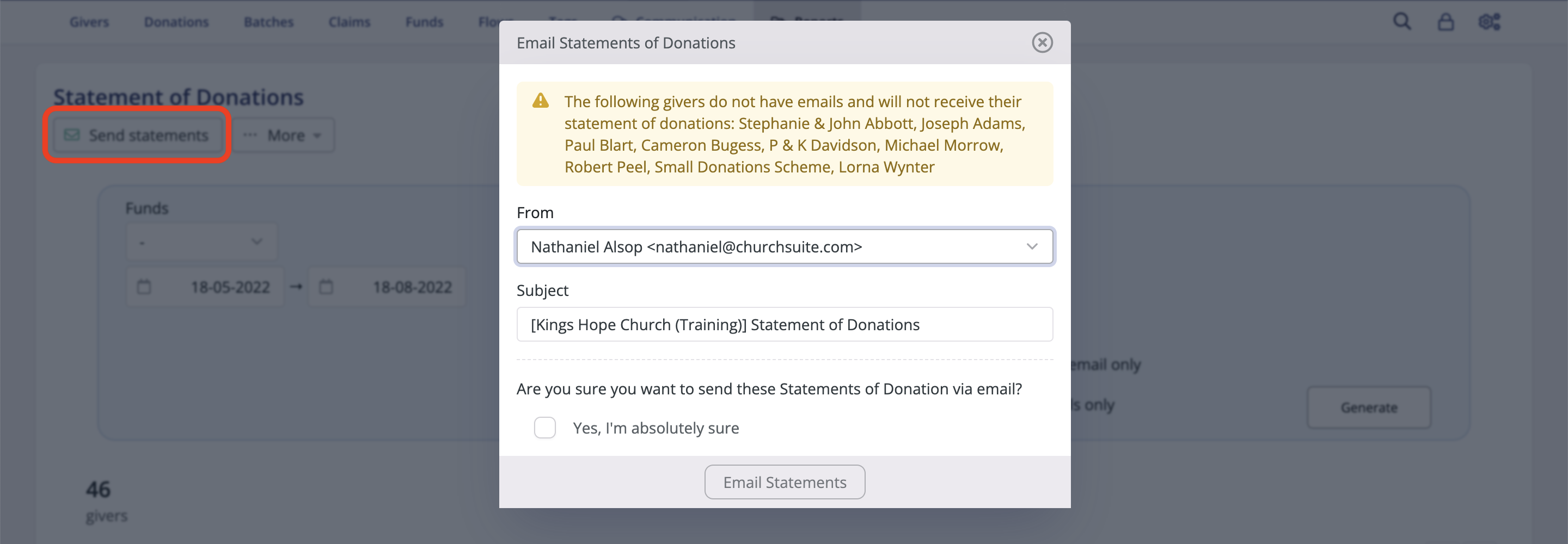 Producing giving statements for your givers - ChurchSuite Support Articles