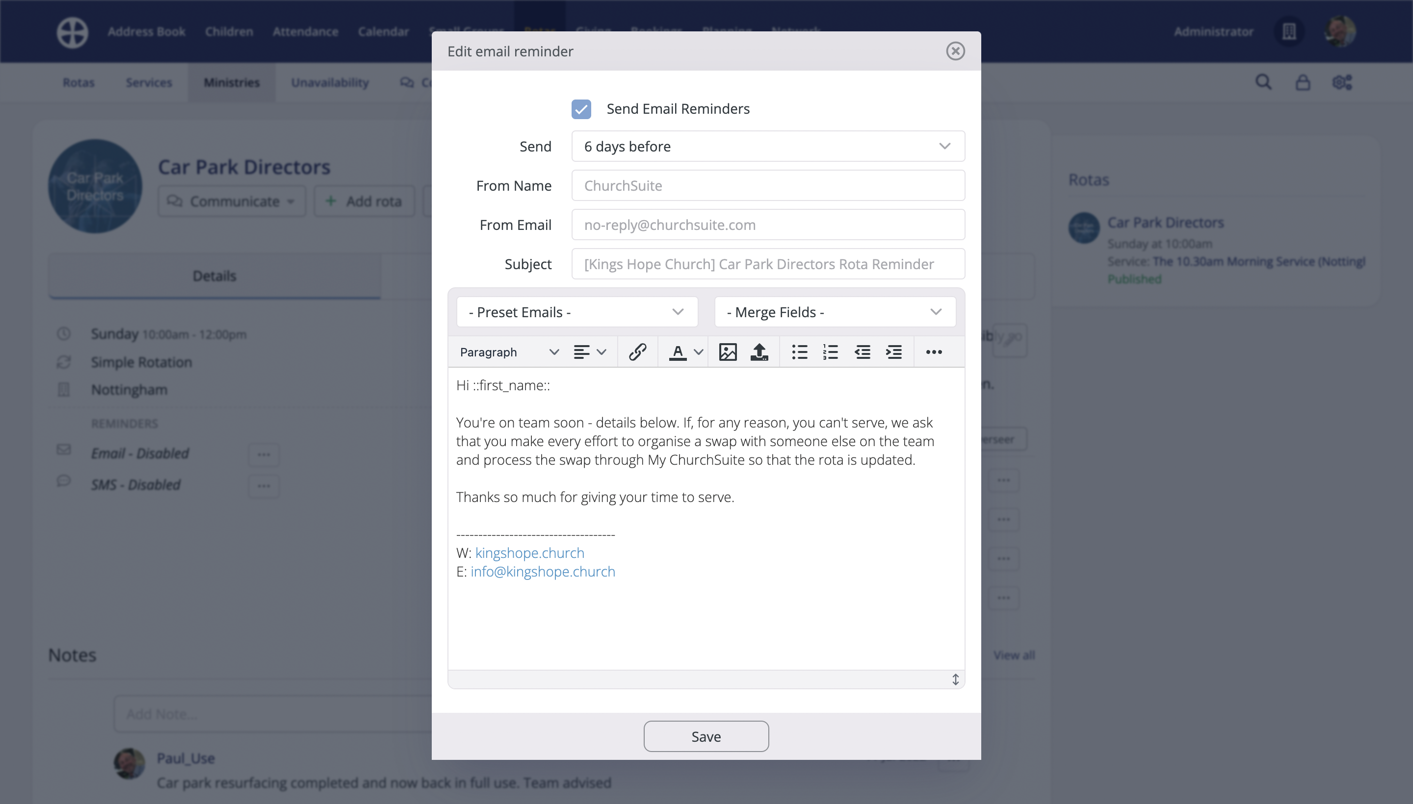 Sending rota reminders - ChurchSuite Support Articles