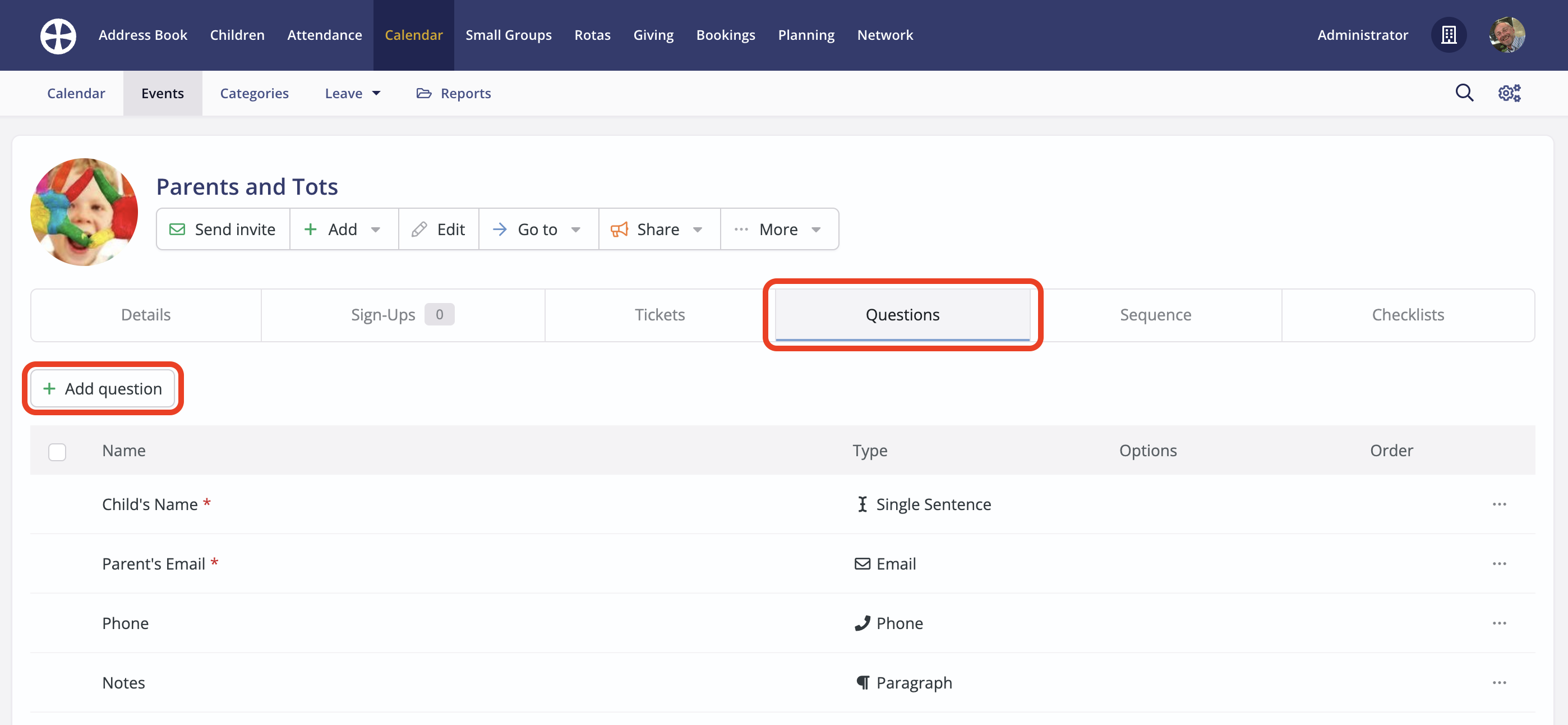 Adding questions to event sign-up - ChurchSuite Support Articles