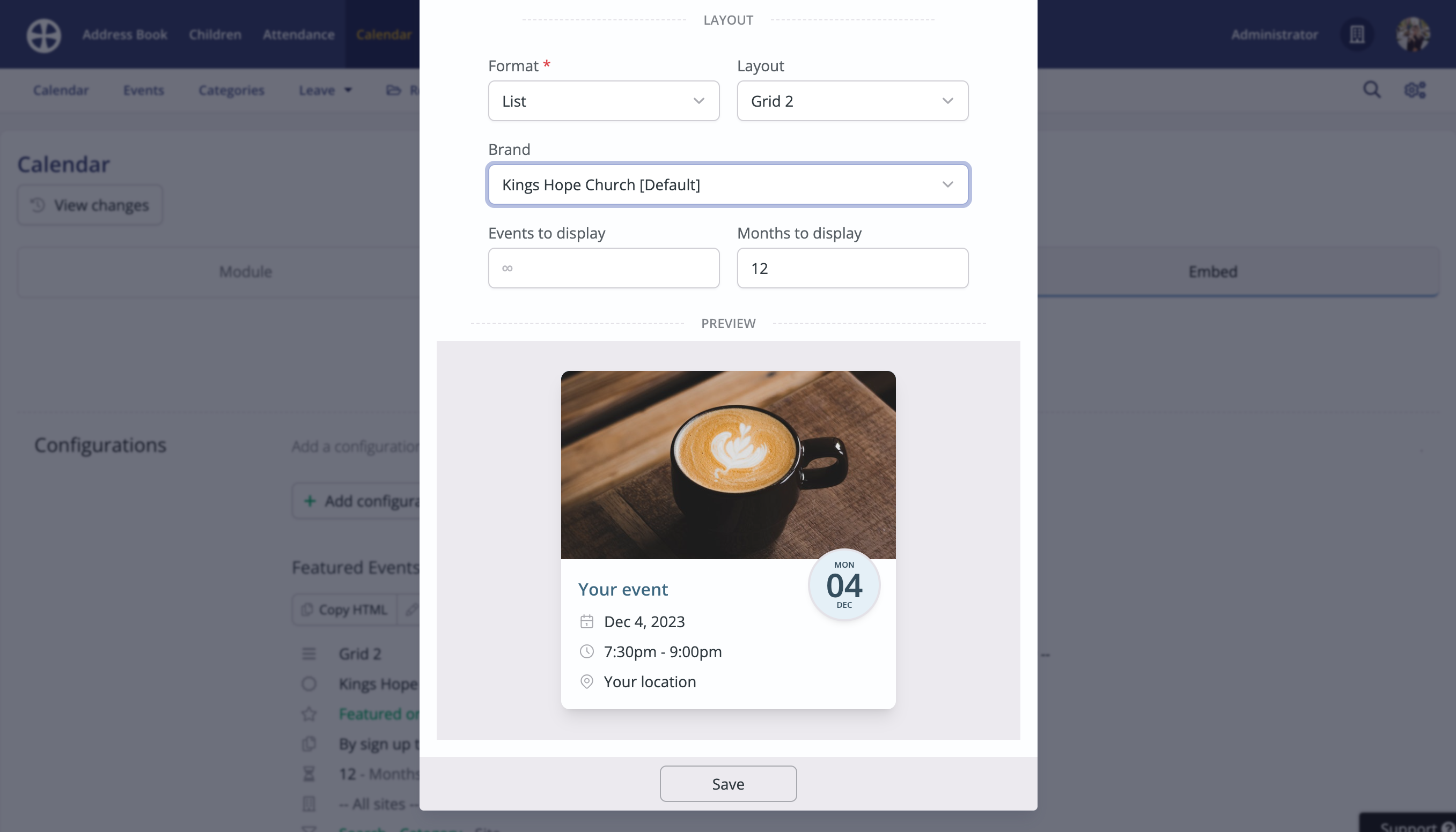 Embed calendars and events into your website - ChurchSuite Support Articles