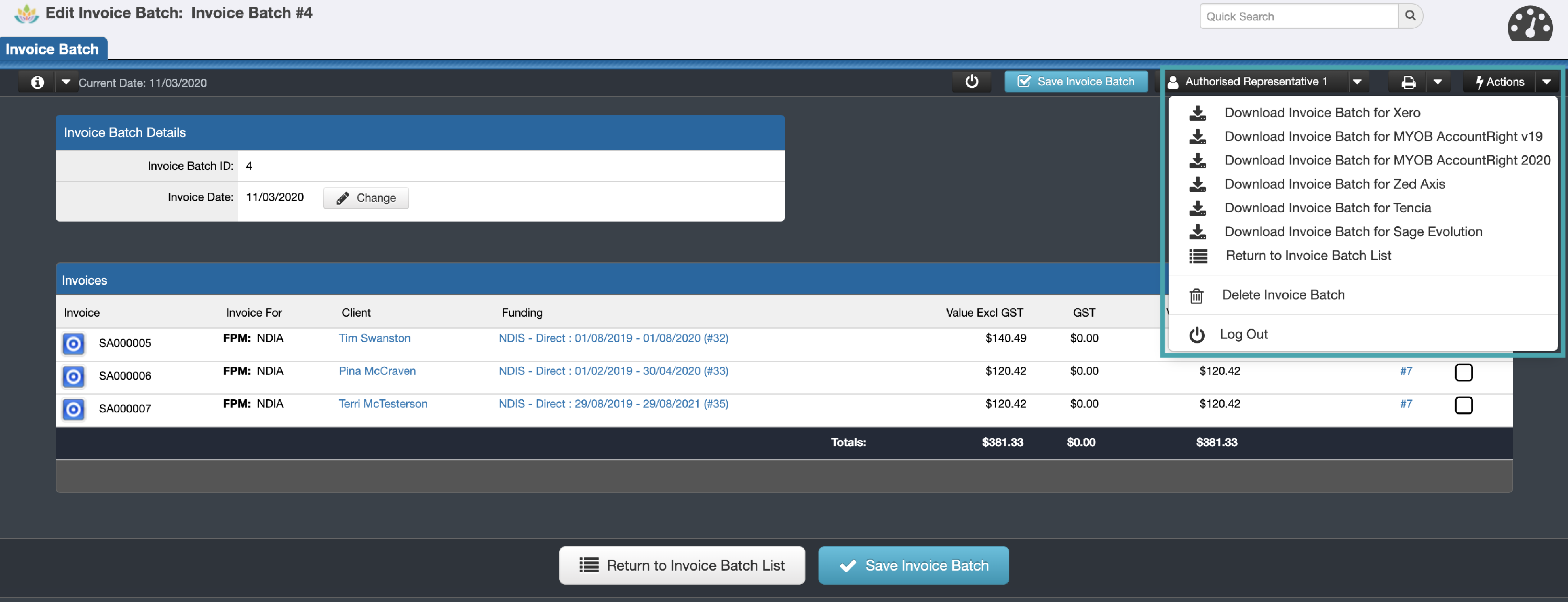 Generating a Direct Invoice Batch for NDIA Invoices - SupportAbility Knowledge Base