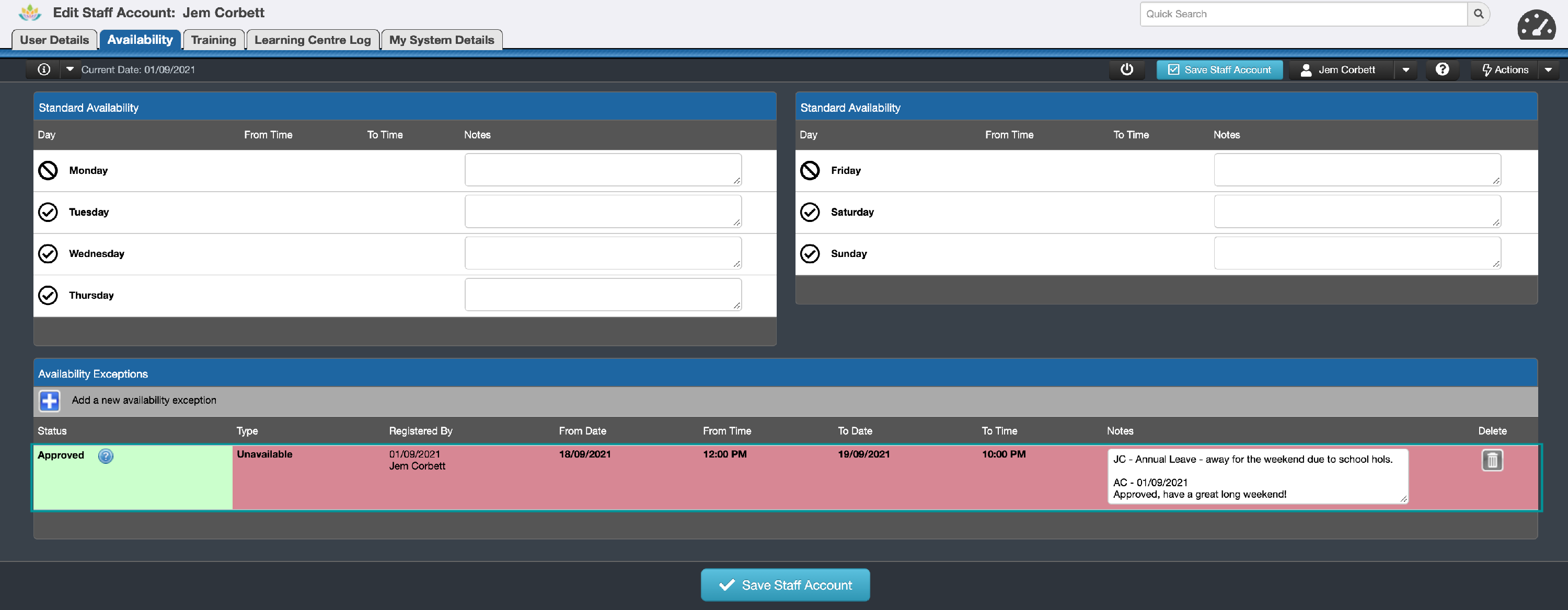 How to approve Staff Availability Exceptions - SupportAbility Knowledge Base