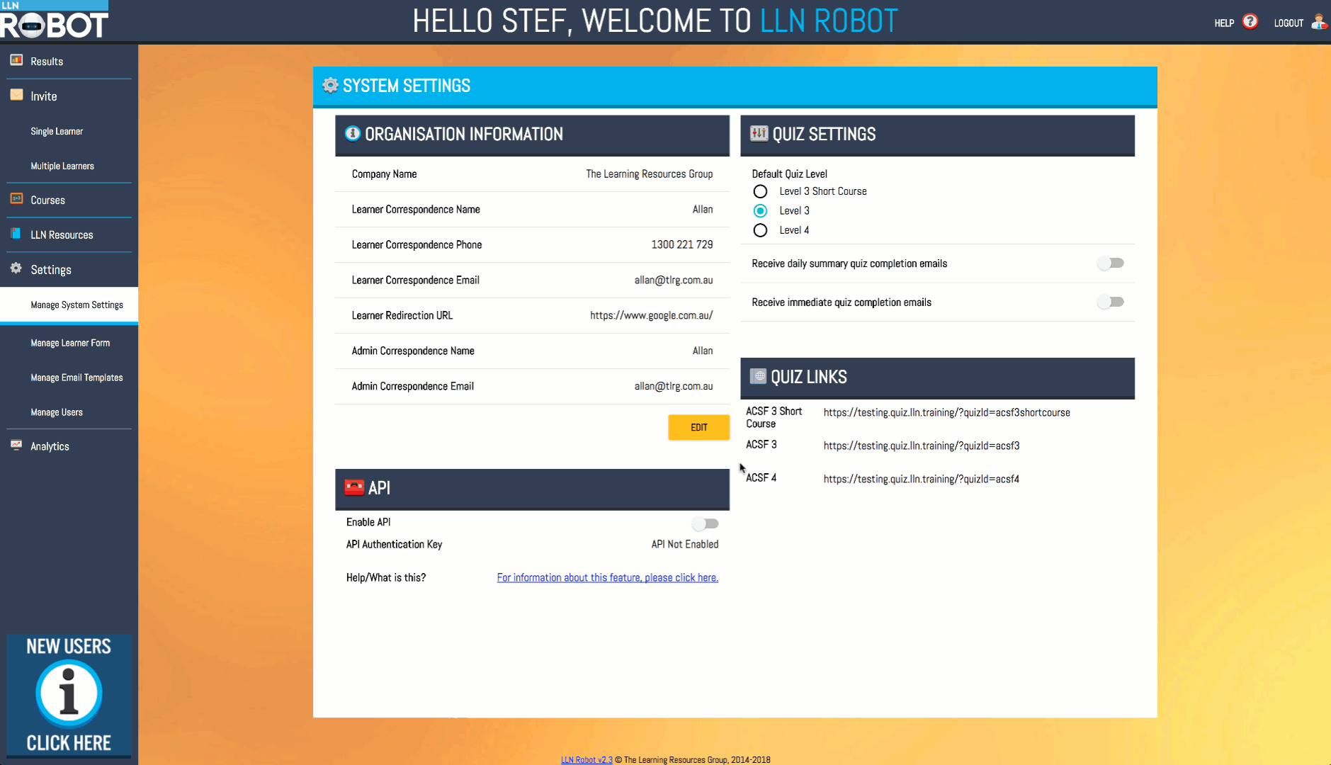 API for the LLN Robot System - LLN Robot Knowledge Base