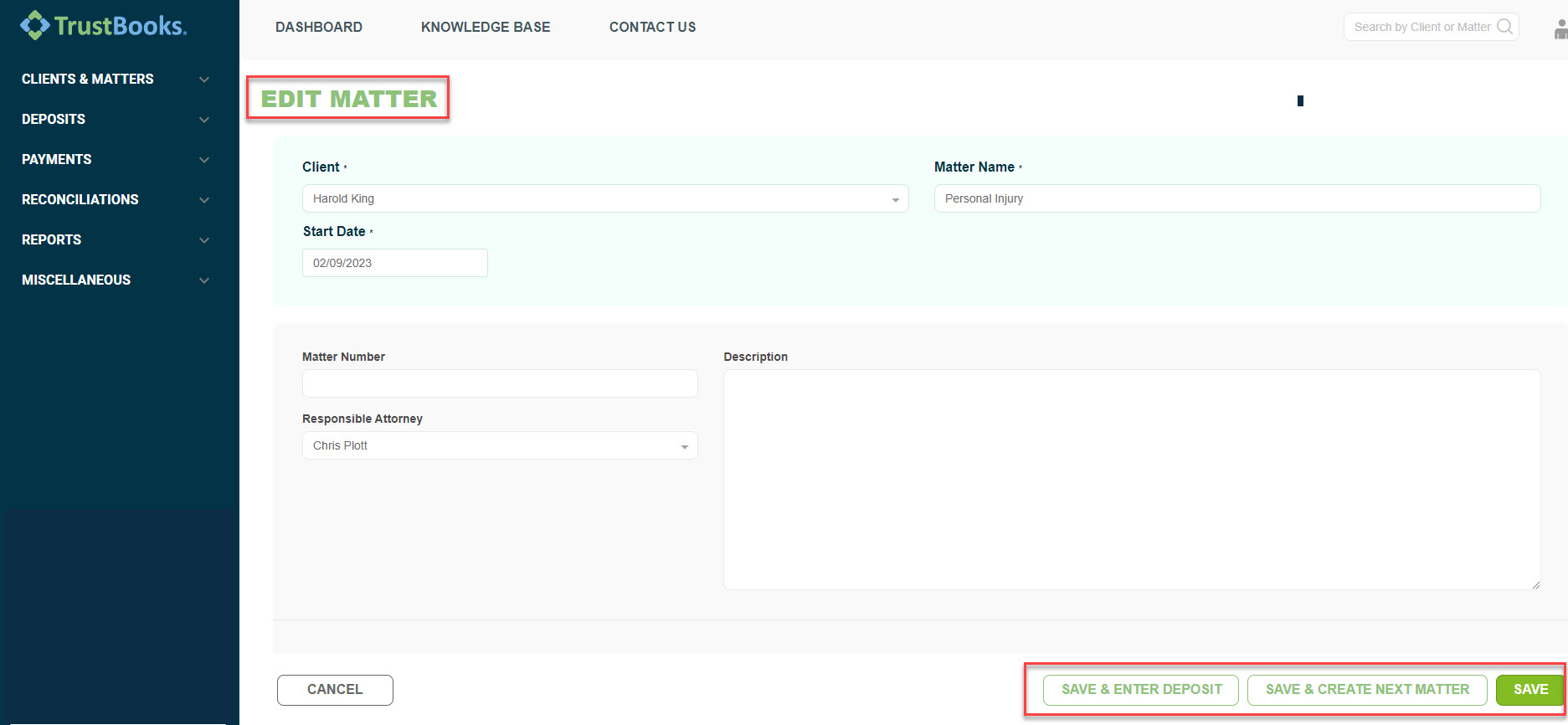 Editing a Matter - TrustBooks Knowledge Base