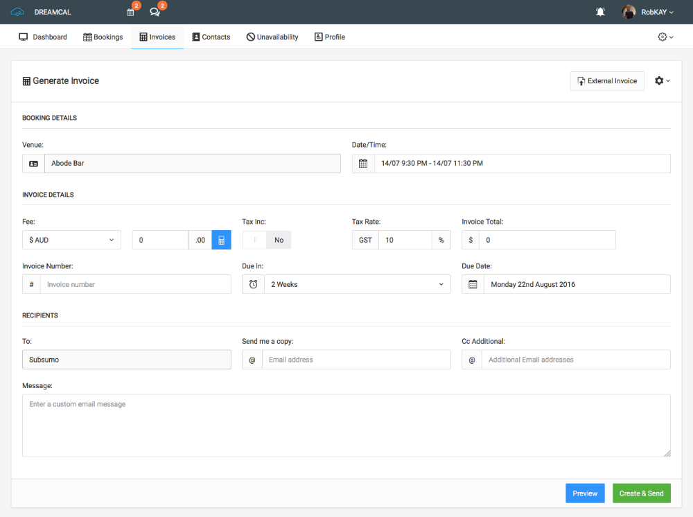 Invoice Generation Form - Dreamcal Knowledge Base