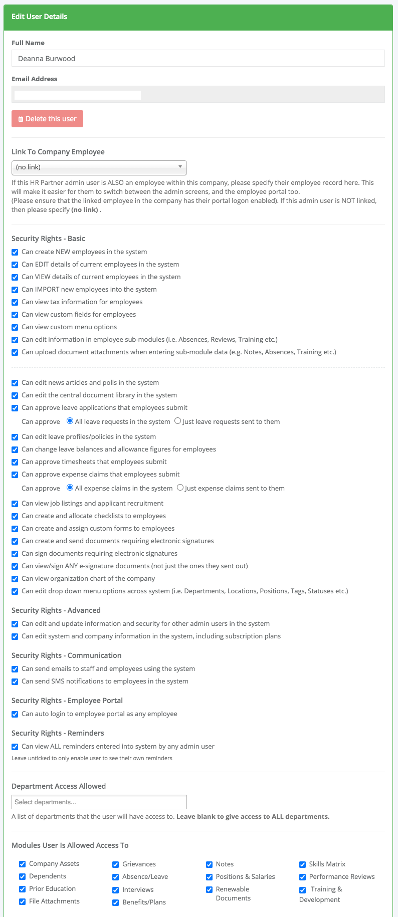 Admin User Permissions - HR Partner Knowledge Base