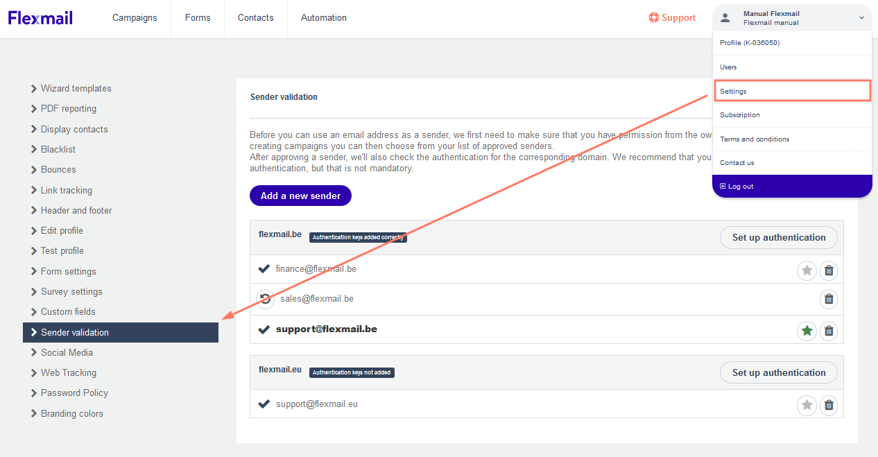 Configure Sender Validation and Email Authentication - Flexmail Manual