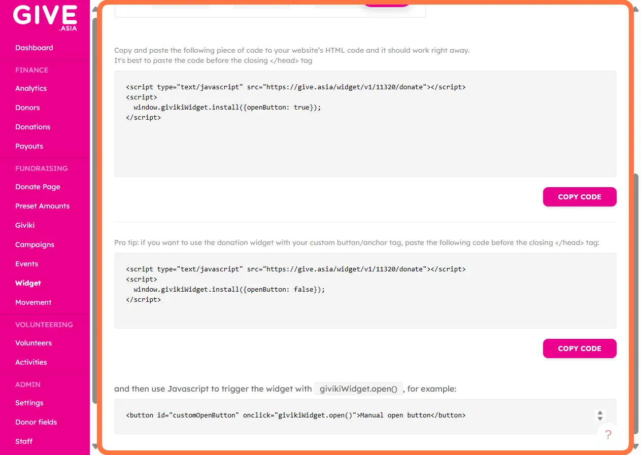 How to manage our charity's Widget/Donate Button? - Give.Asia Support