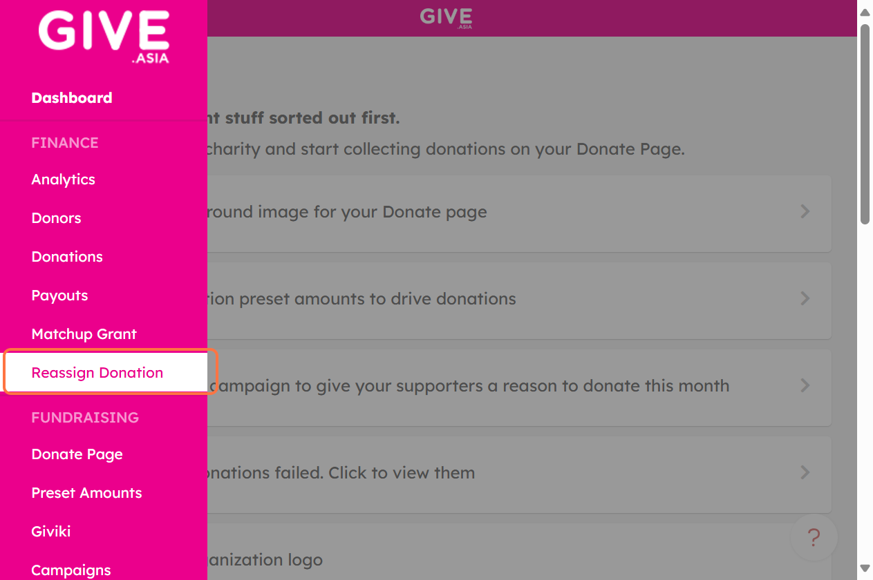 How can I reassign a donation on the Charity Dashboard? - Give.Asia Support