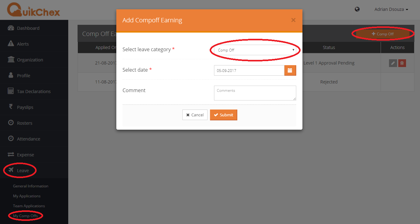 How do I request for a comp-off credit? - Quikchex Knowledge Base