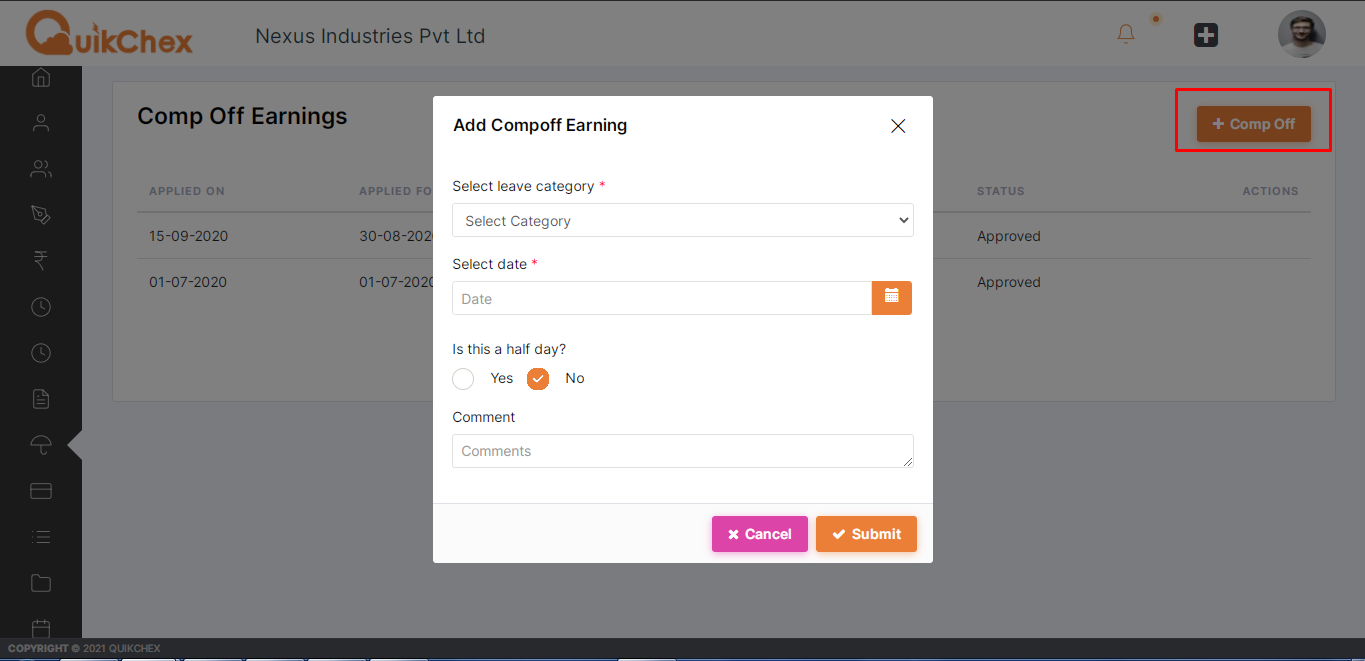 How do I request for a comp-off credit? - Quikchex Knowledge Base