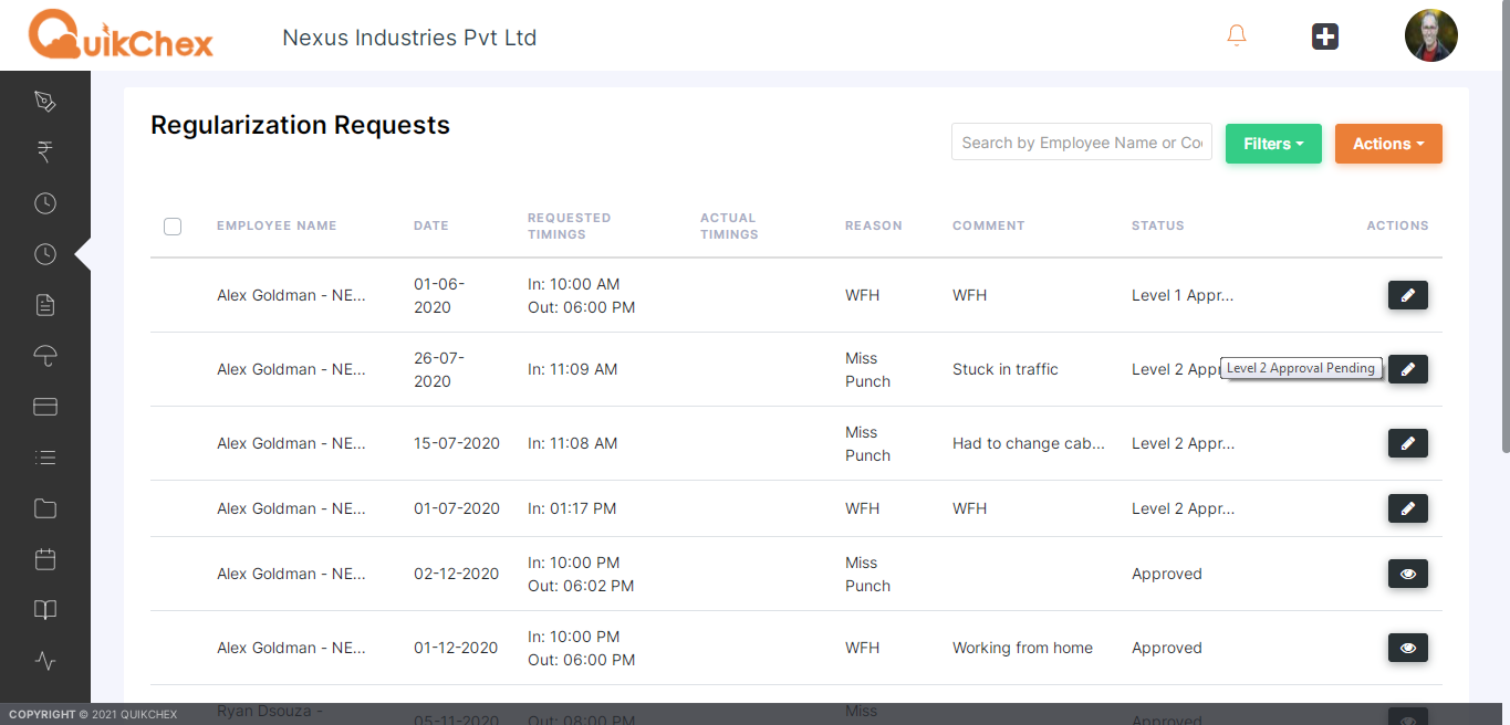 Where can I see my team’s regularization requests? - Quikchex Knowledge Base
