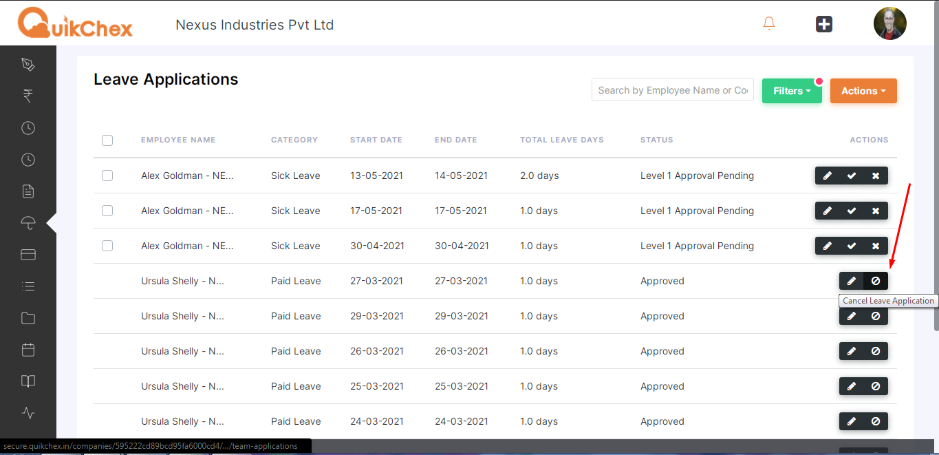 How can I cancel or delete my team members’ approved leave requests? - Quikchex Knowledge Base