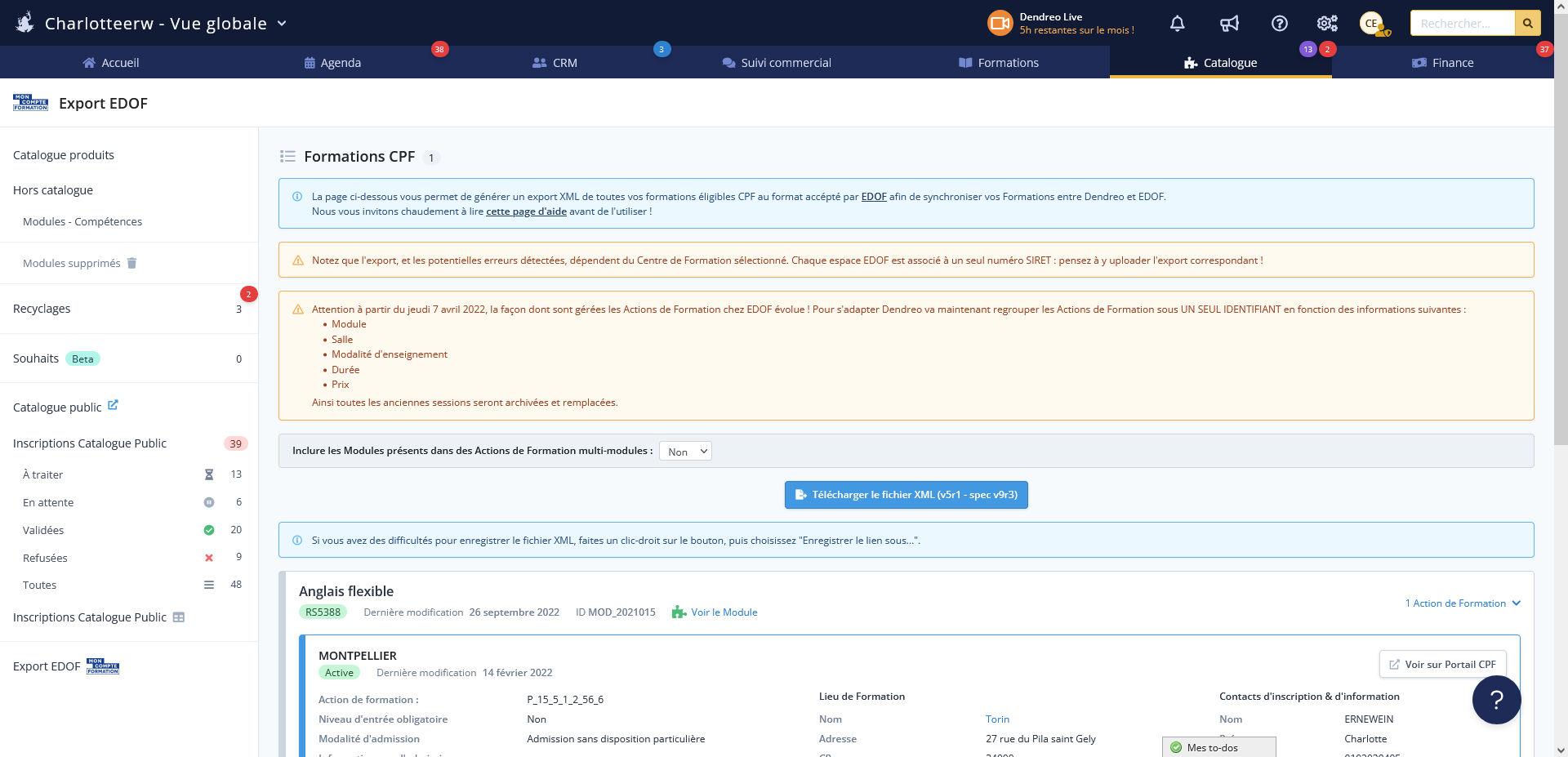 Export EDOF (Mon Compte Formation) pour formations CPF - Dendreo FAQ