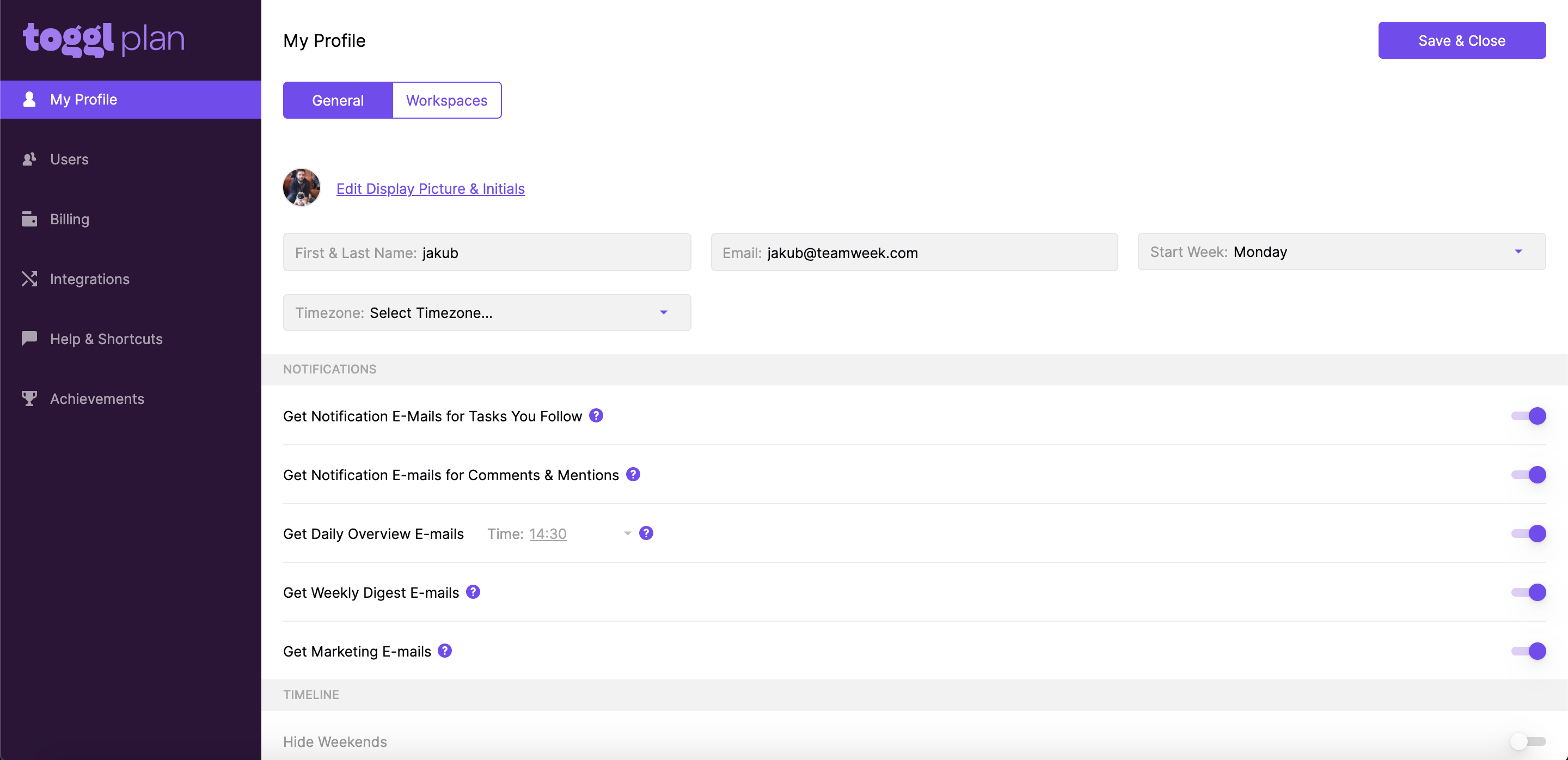 Profile Settings - Toggl Plan Help Center