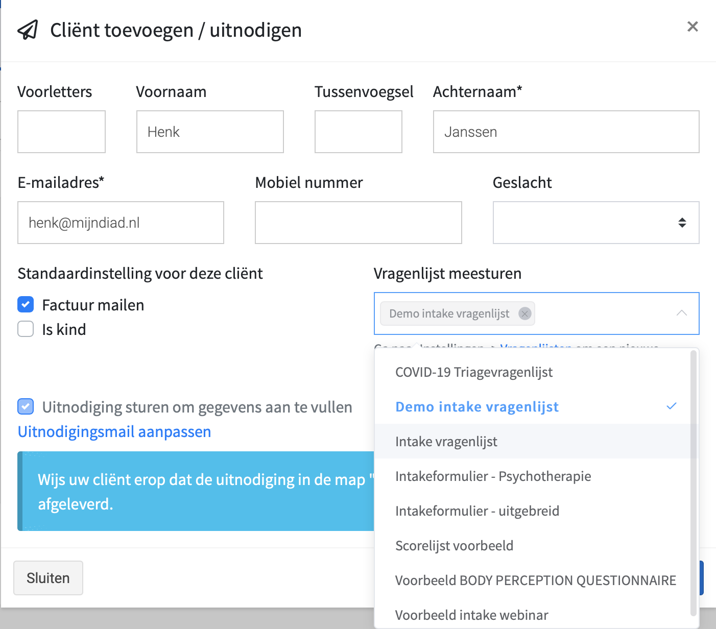 Vragenlijsten in dossiers gebruiken - MijnDiAd praktijksoftware kennisbank