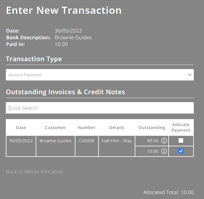 How do I match an invoice that has been part paid by a customer? - ExpensePlus Help & FAQ