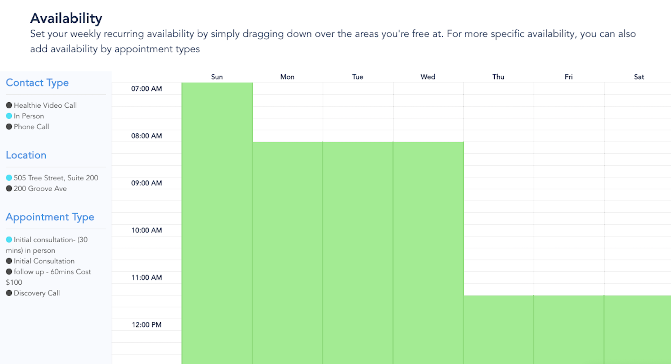 Availability by appointment type, location, or contact type - Healthie ...