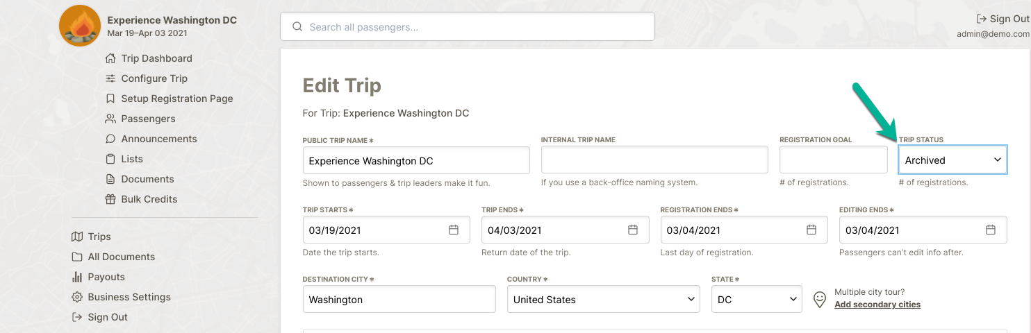 How Do I Archive a Trip? - GroupCollect Knowledge Base