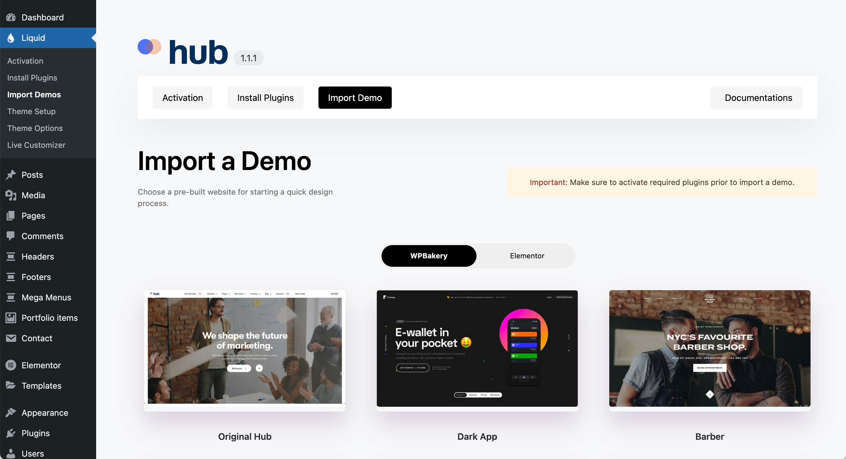 HUB Elementor - Installing a demo - LiquidThemes Knowledge Base