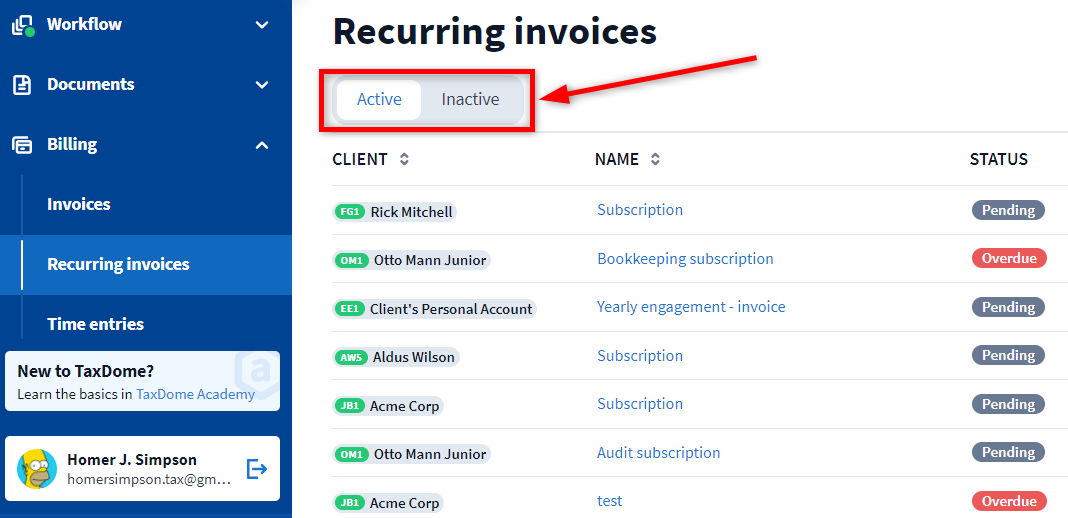 Recurring Invoices List (Basic): View Balance & Statuses - TaxDome Help ...